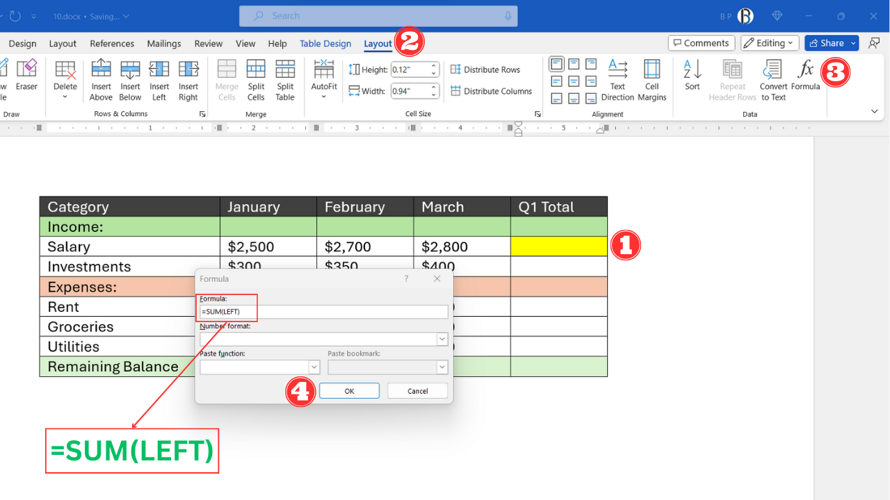 Perform Basic Calculations in Microsoft Word Tables | bpwebs.com
